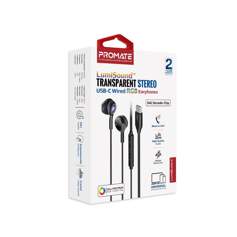 LumiSound™ Transparent Stereo USB-C Wired RGB Earphones – Promate ...