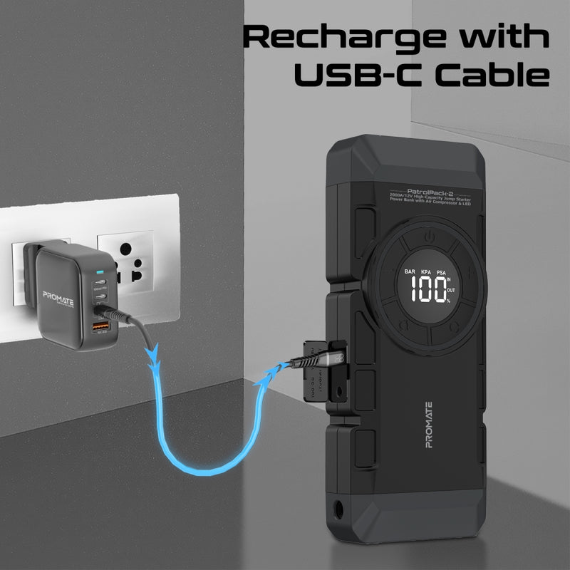 2000A/12V High-Capacity Jump Starter Power Bank with Air Compressor ...