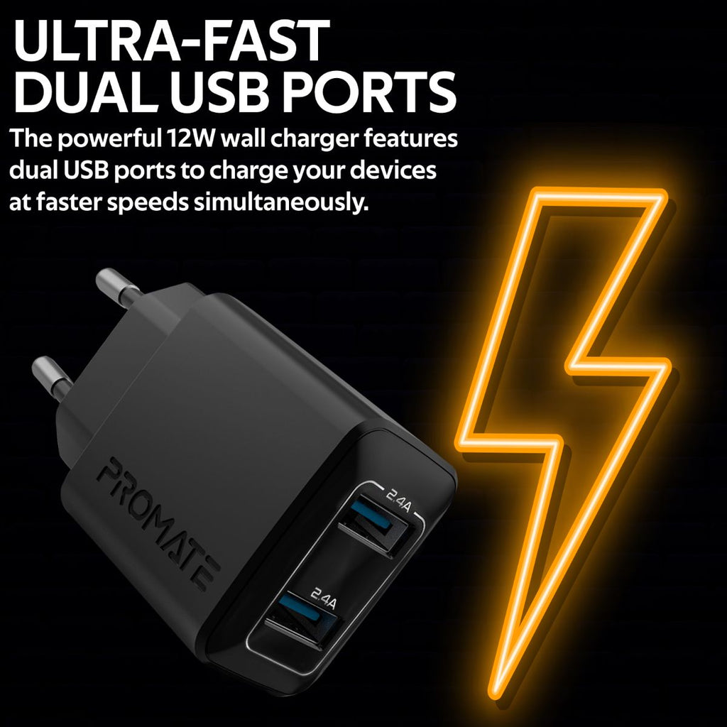 12W Wall Charger with Dual USB Ports – Promate Technologies