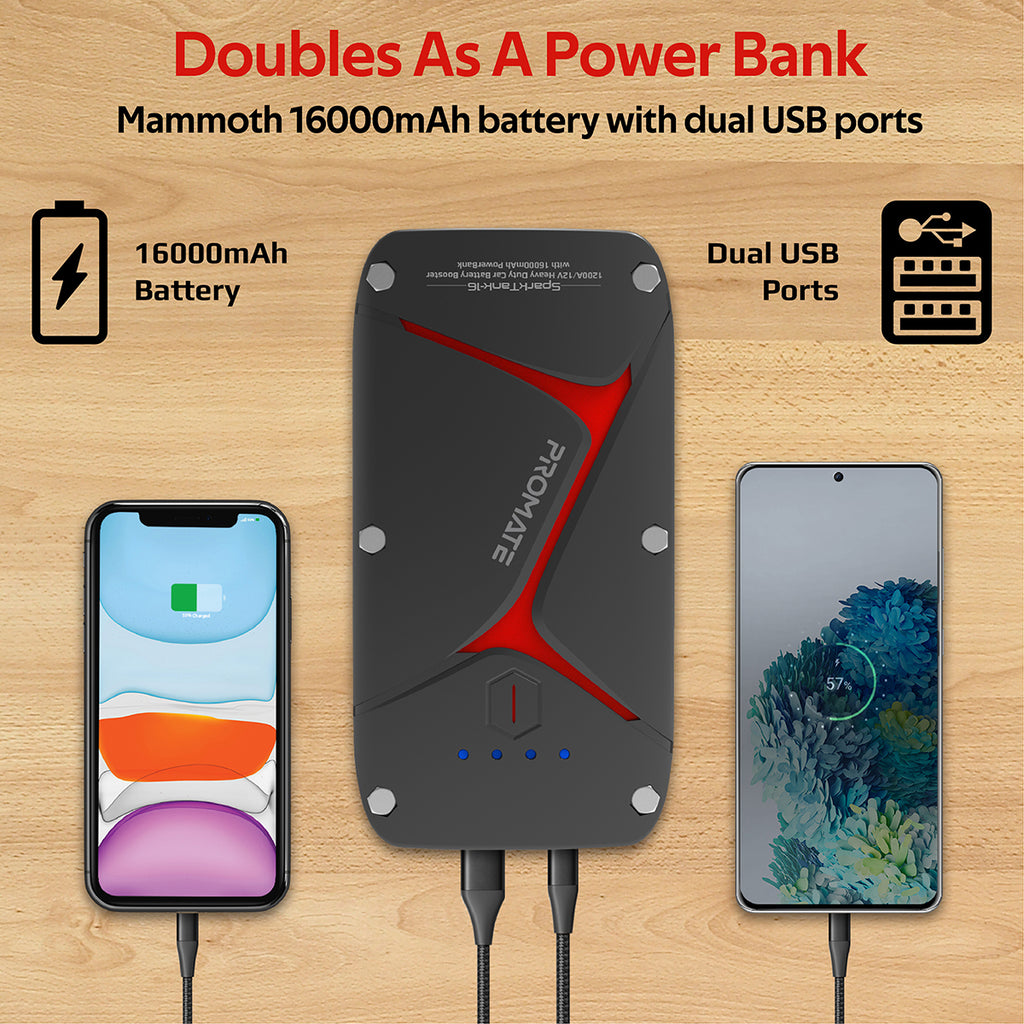 1200A/12V Heavy Duty Car Battery Booster with 16000mAh PowerBank ...